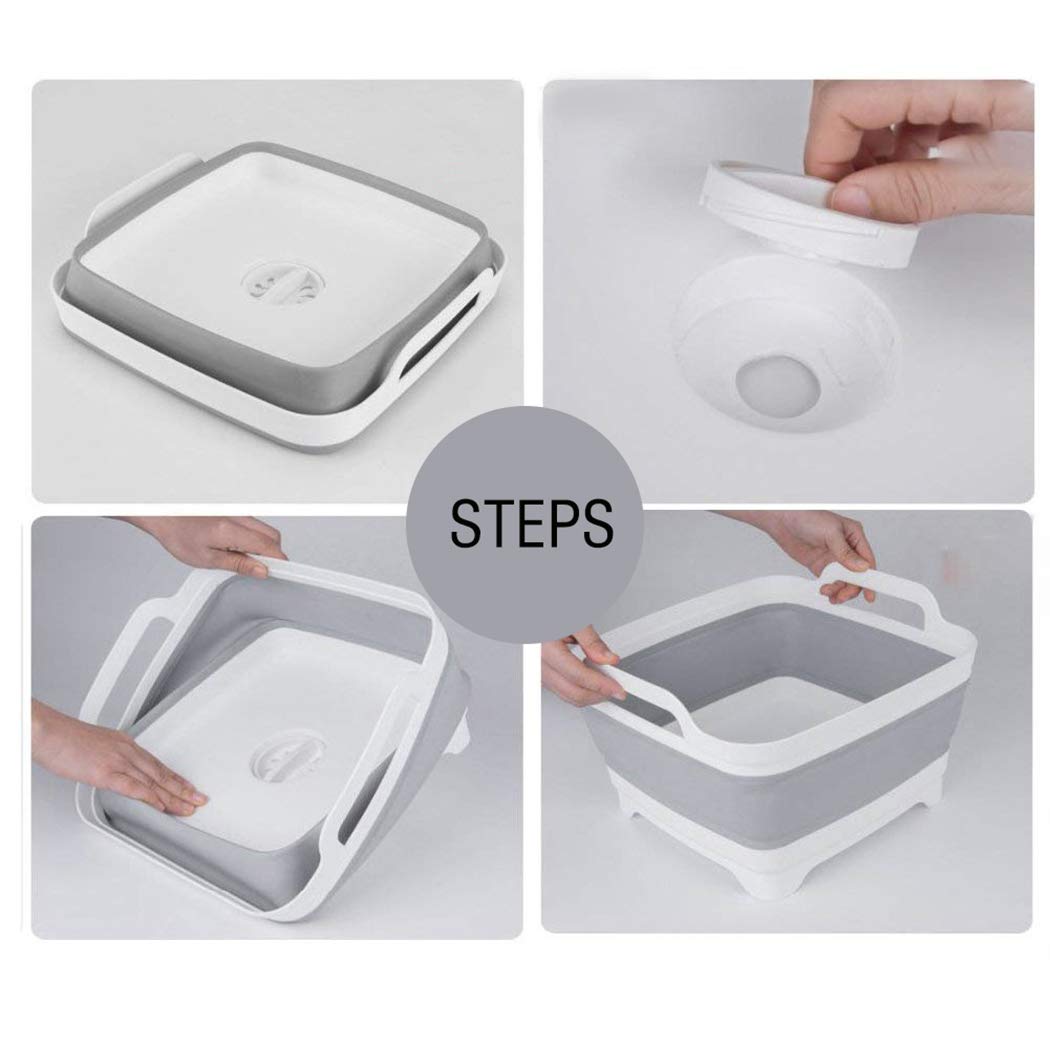 AAKitchen Collapsible Dish Pans Portable Washing Basin Dish Pan with Handle Foldable Strainer Wash and Drain Dish Tub Drainer over Sink Colander Draining Basket for RV Car (White/Grey)