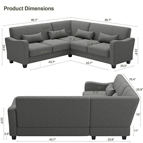 Belffin Convertible Sectional Sofa Fabric Couch with Chaise Reversible Small Corner Couch Furniture L-Shaped 4 Seater Sofas Light Grey