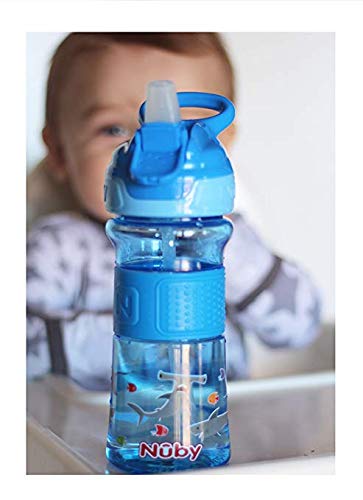Nuby Thirsty Kids Push Button Flip-it Soft Spout on The Go Water Bottle (Green/Blue)