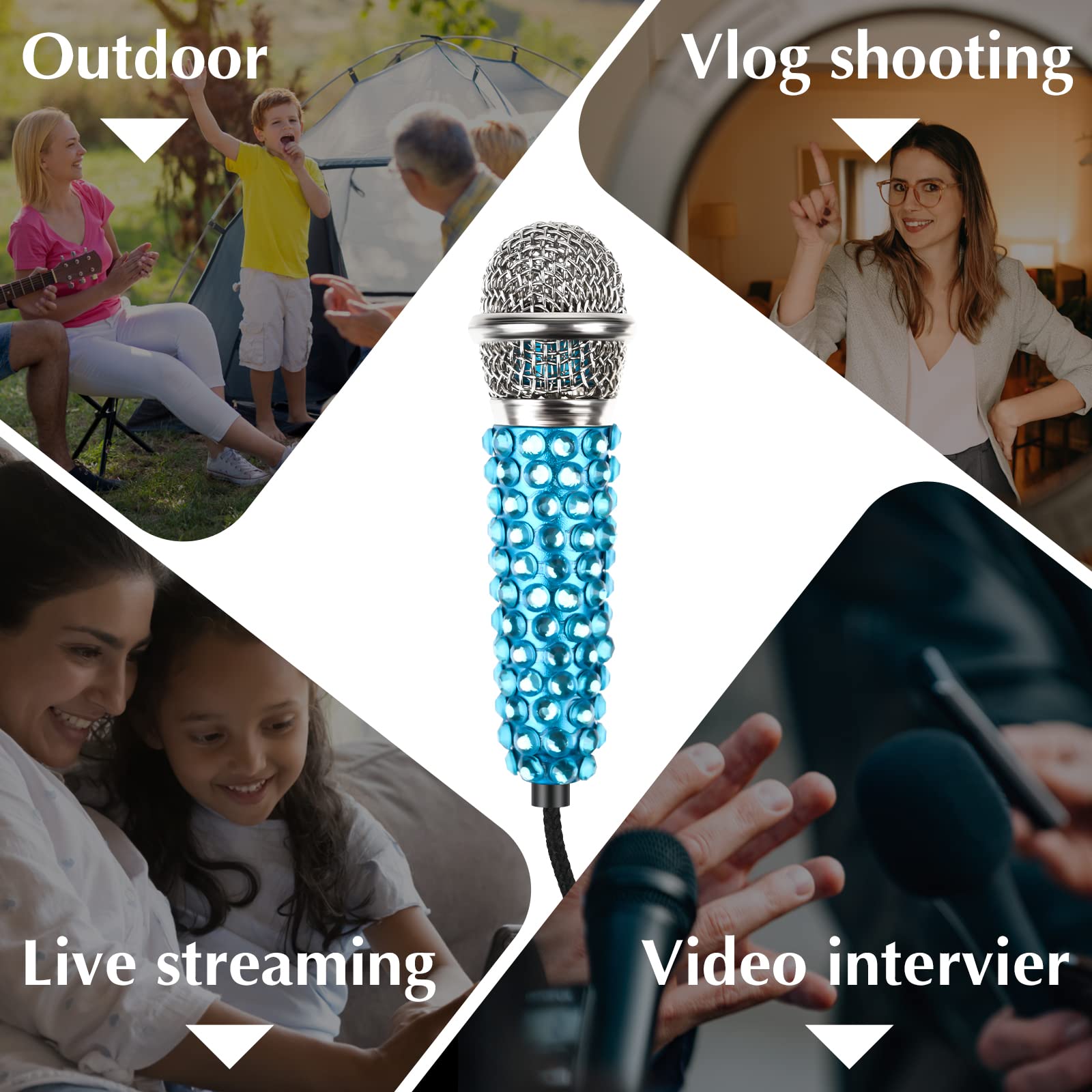 5PCS Mini Microphone Portable Vocal Instrument Tiny Phone Microphone Asmr Karaoke Microphone with 5 Pieces Rhinestone Stickers | 3.5mm Audio Connector Suitable for Apple Android Mobile Phone Laptop