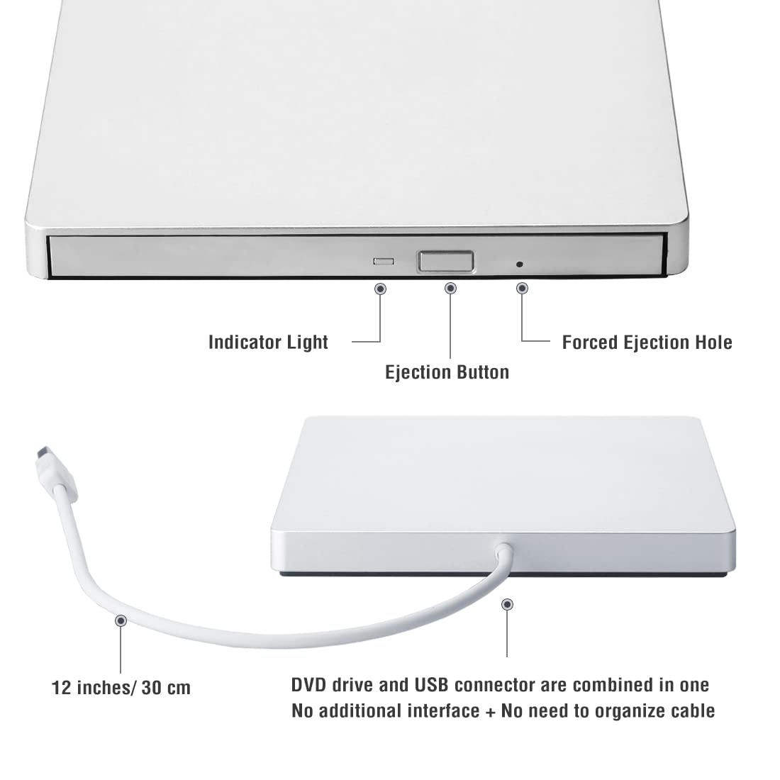 ROOFULL External CD/DVD Drive, CD Burner USB 3.0 Portable CD-ROM DVD+/-RW Disc Player Burner Reader Writer Optical Drive for Apple Mac MacBook Pro/Air, Windows 11/10 Laptop PC, Silver