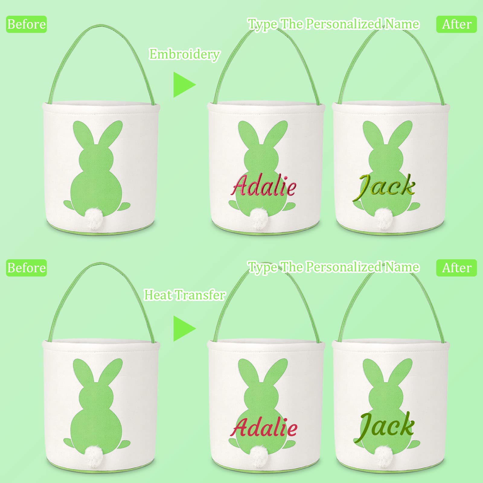 Amidaky Personalized Easter Bunny Basket for Kids Easter Canvas Basket with Handle Egg Bunny Bucket Green