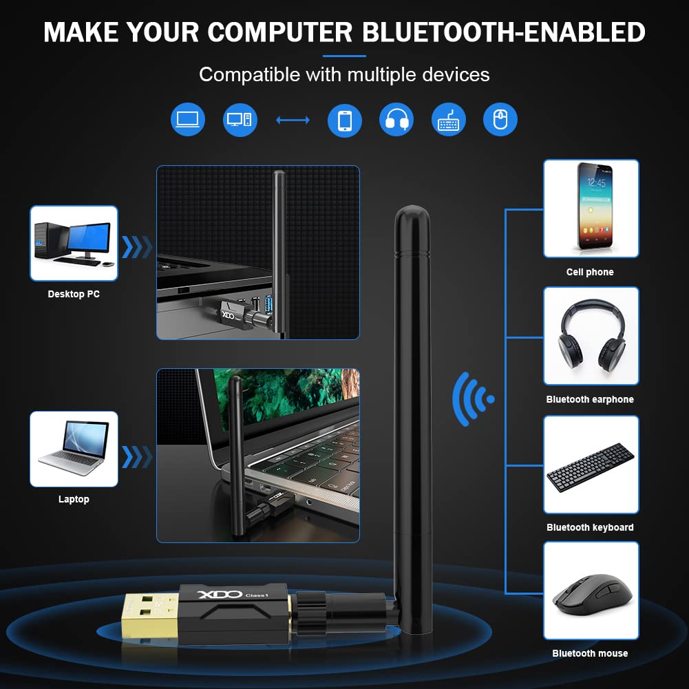 Long Range Bluetooth Adapter for PC, XDO Class 1 USB Adapter 5.1+EDR, 328FT/100M Wireless Transfer Transmitter Receiver for Bluetooth Mouse Keyboard Speakers Headphones Support Win11/10/8/7