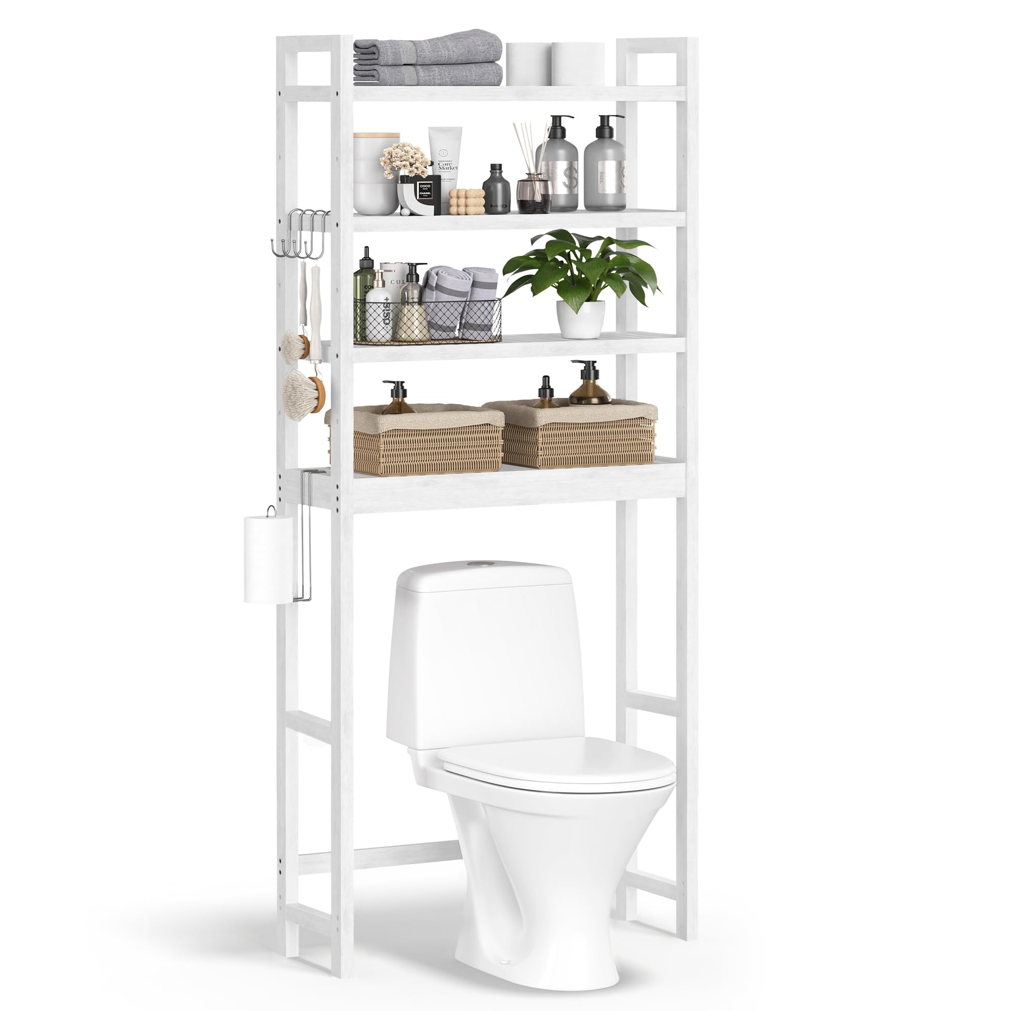 SONGMICS Over The Toilet Storage, 4-Tier Over Toilet Bathroom Organizer with Adjustable Shelf, Fit Most Toilets, Space-Saving, Easy Assembly, Cloud White UBTS041W01