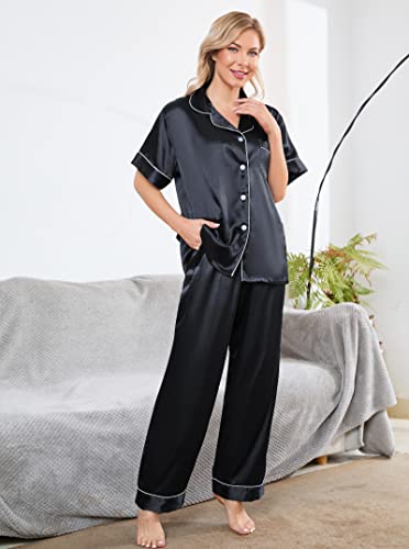 AUECK Silk Satin Pajamas Set Women Two-Piece Nightwear Short Sleeve Sleepwear Soft Button Down Loungewear Pjs Set S-XXL(Black,Large)