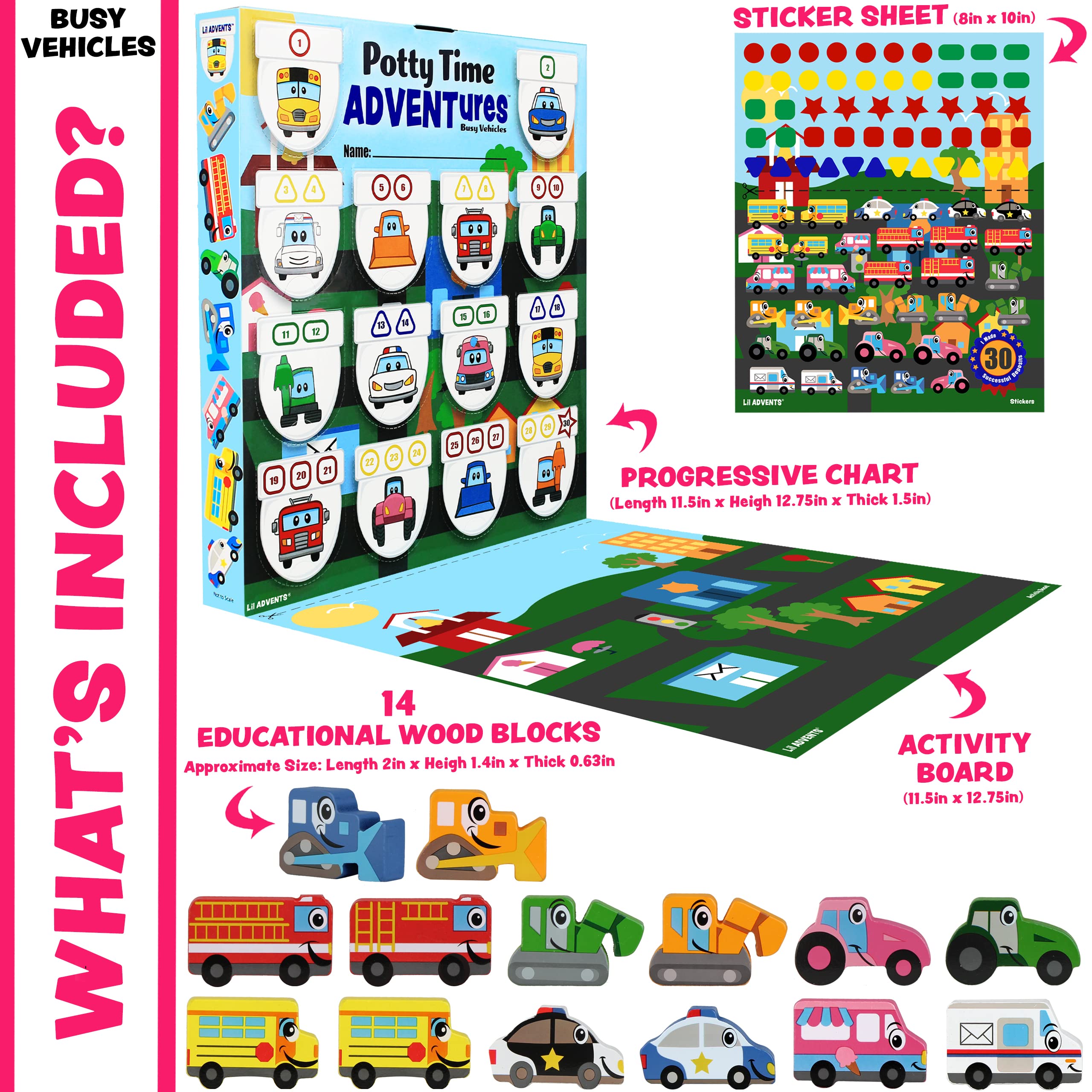 Potty Time Adventures Potty Training Chart for Toddlers by Lil ADVENTS - 14 Wooden Stacking Block Toys - Potty Training Advent Game, Behavior Reward Chart, Car Stickers, Activity Board - Busy Vehicles