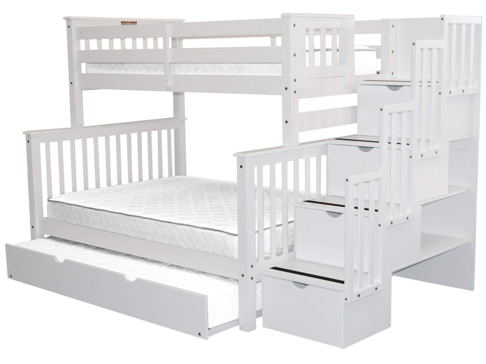 Bedz King Stairway Bunk Beds Twin over Full with 4 Drawers in the Steps and a Twin Trundle, White