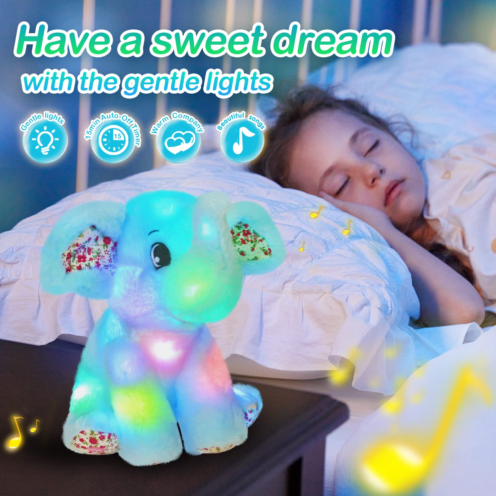 BSTAOFY 12ββ Musical Light Up Elephant Plush Toy Floppy LED Stuffed Animals Lullabies Nightlight Bedtime for Kids Birthday Valentines for Toddlers, Blue