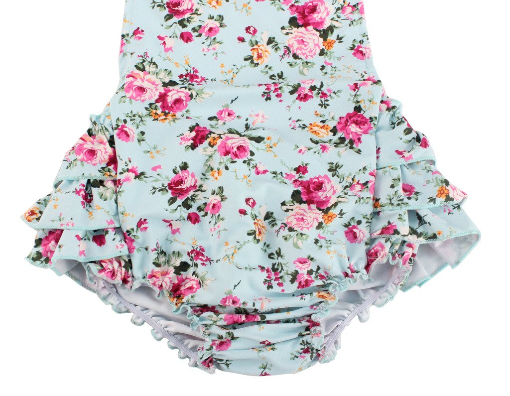 China Rose 50's Floral Ruffles Rompers Backless Dress Bathing Suit Swimwear (0-12 Months, Light Blue)