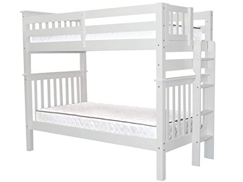 Bedz King Tall Bunk Beds Twin over Twin Mission Style with End Ladder, White
