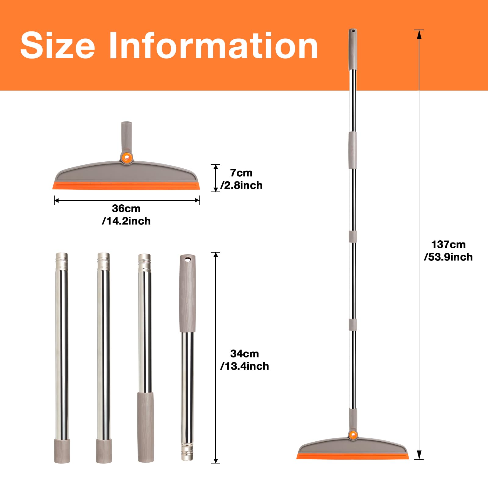 XXFLOWER Silicone Air Broom,Multifunction Magic Broom with Long Handle,Adjustable Rubber Squeeze Broom Sweeping Water,Pet Hair Remover for Carpet,Kitchen,Concrete Floor,Bathroom Tile(Grey Orange)