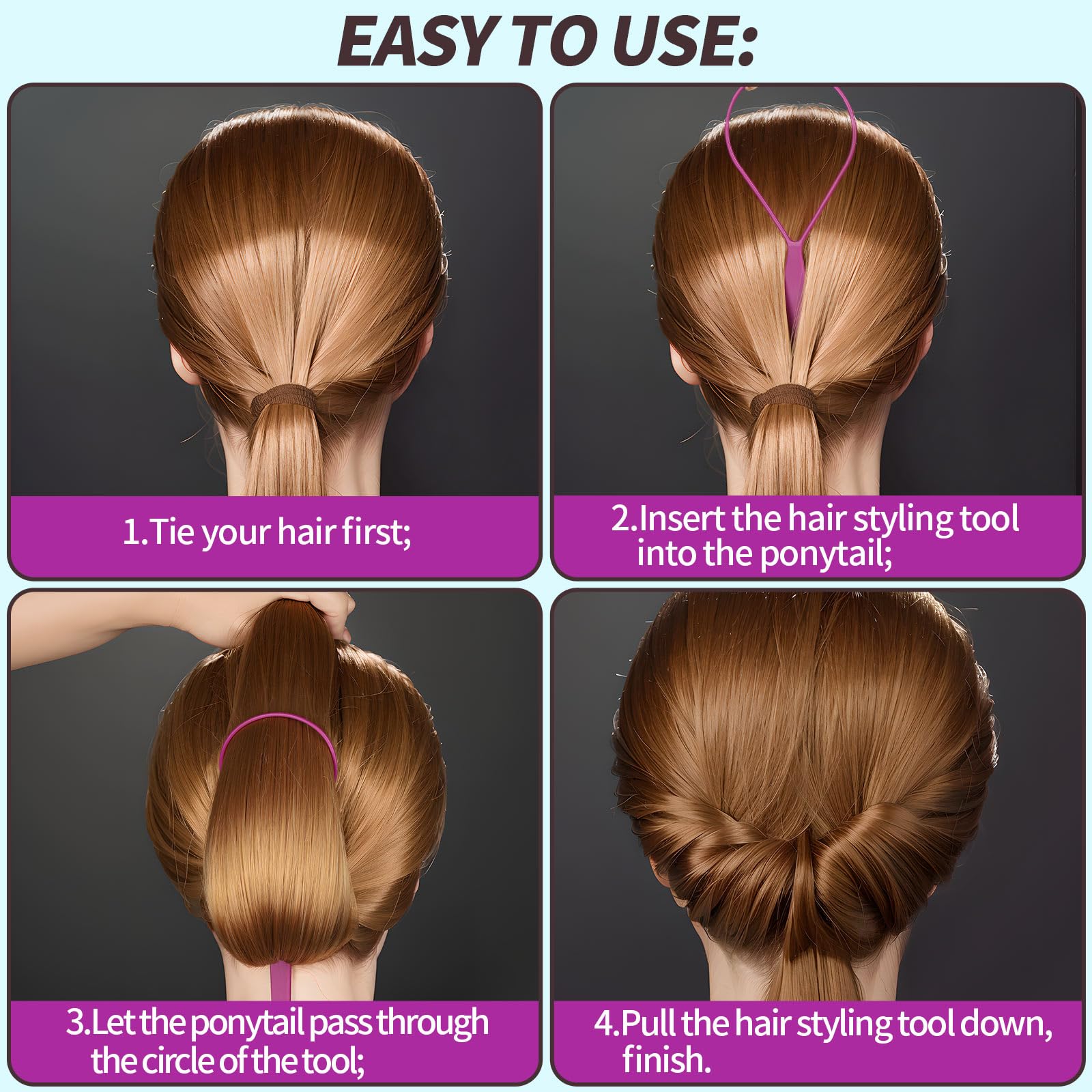 Teenitor 4pcs Pony Hair Tail Accessories, 2 Pairs French Braiding Tool, Turvy Styling Tool for Women Girls, Ponytail Pull Through Tool Purple/Blue