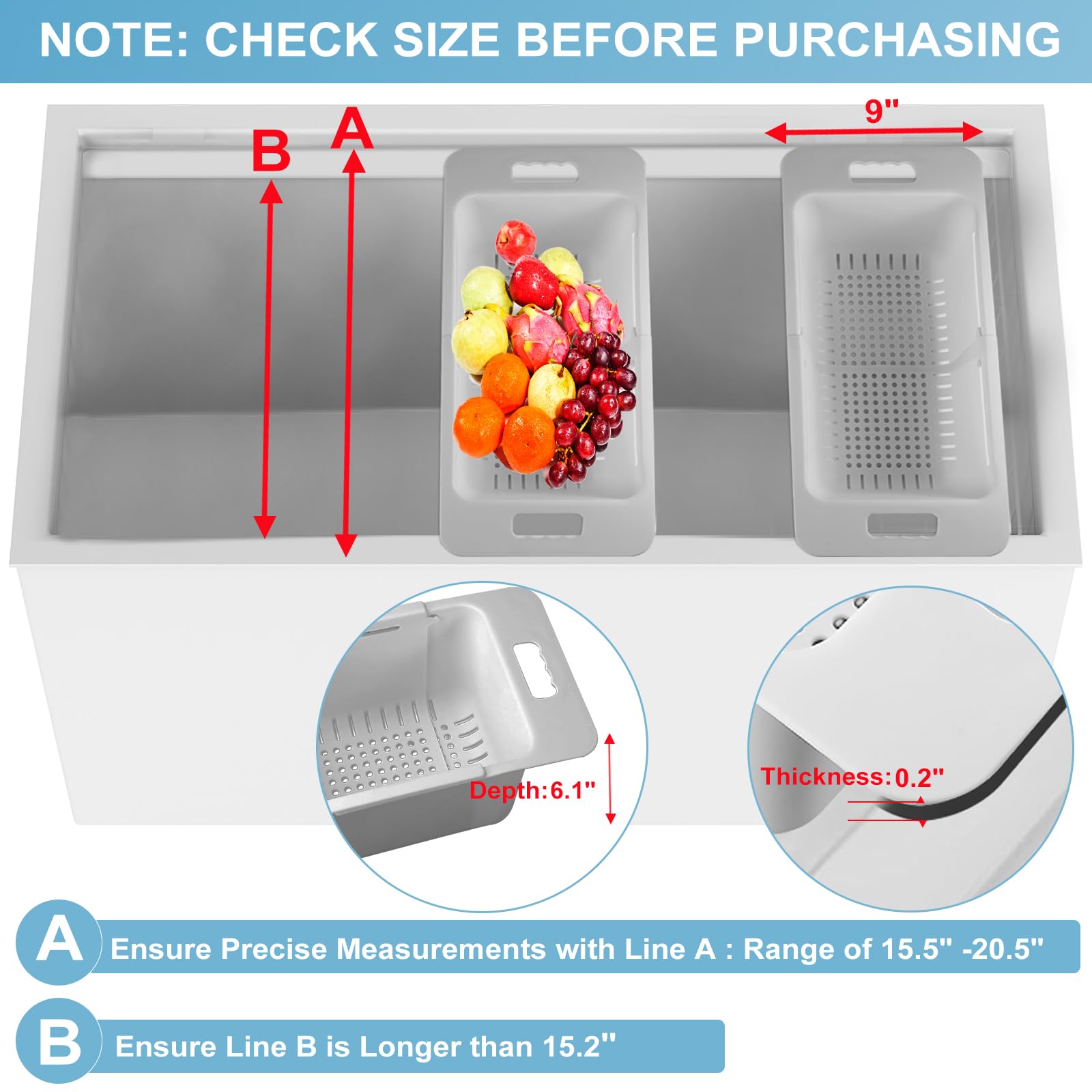 Adjustable Deep Freezer Organizer Bins, 2-PACK Chest Freezer Baskets, Expandable Freezer Storage Bins with Handle, Freezer Organization Accessories for Kitchen (Grey)