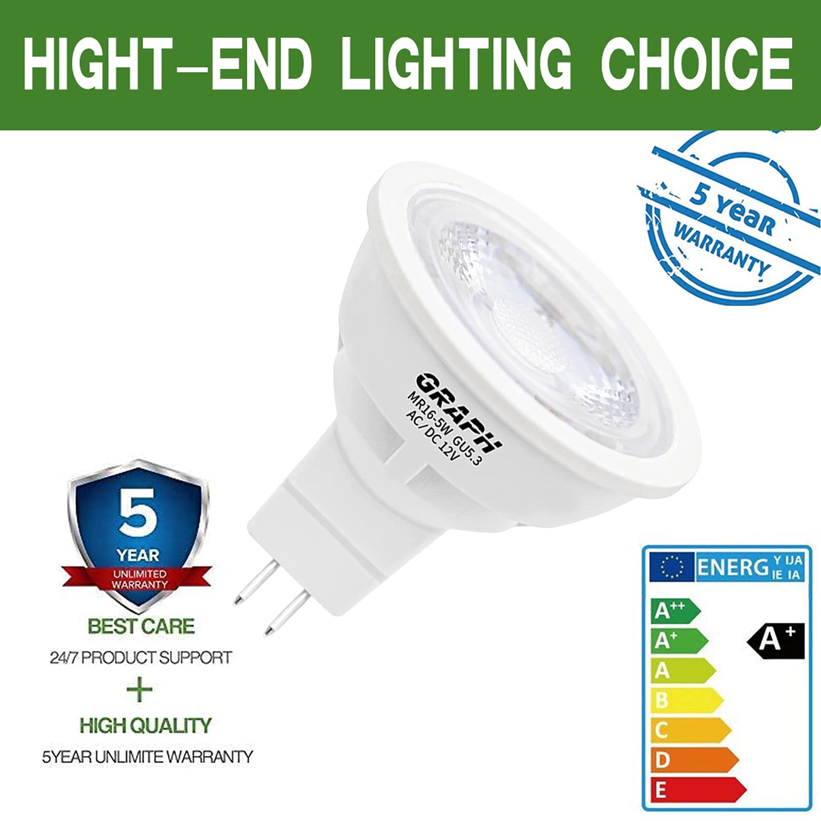 5W MR16 LED Light Bulb, 5000K Daylight, 50W Halogen Bulb Equivalent, 500 Lumens, 38 Degree, AC/DC12V, GU5.3 Base, Non-Dimmable, 6 Pack, by Graph