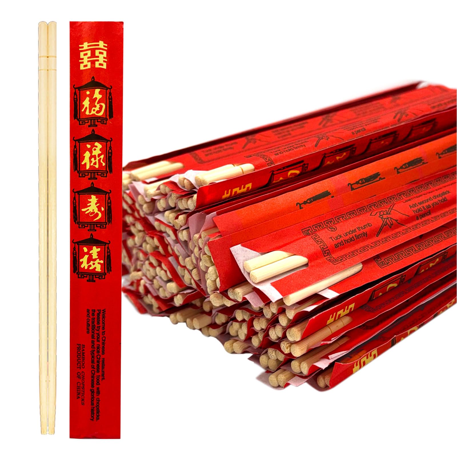 52USA Disposable Bamboo Chopsticks (100 Sets), Wooden Japanese Chopsticks Bulk, 9'' Long Chopsticks Disposable, Individually Wrapped Chinese Chopsticks