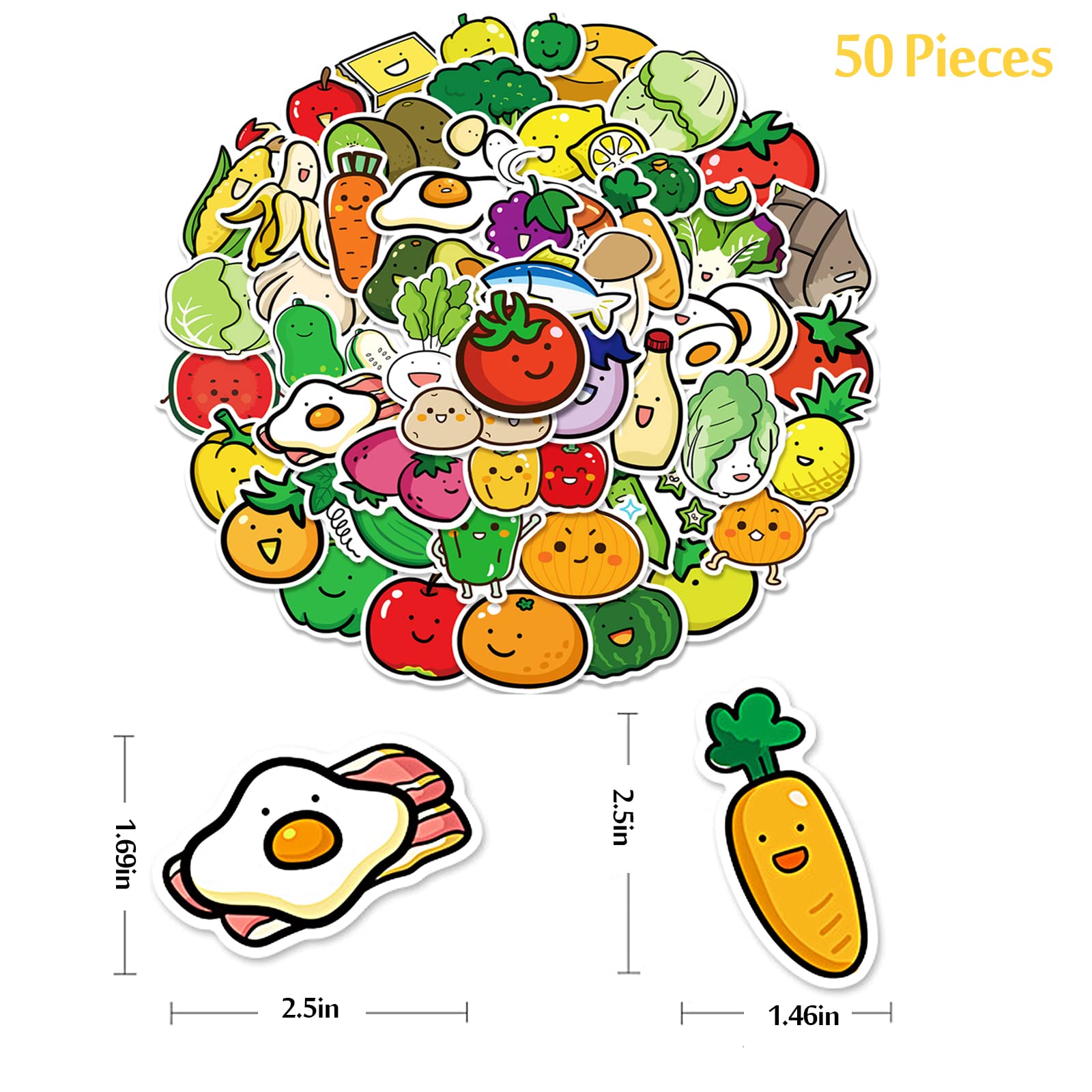 50 Pcs Fruit Vegetable Stickers Waterproof Kawaii Stickers for Water Bottles Laptop Luggage Refrigerator Room Netbook Decoration Sticker
