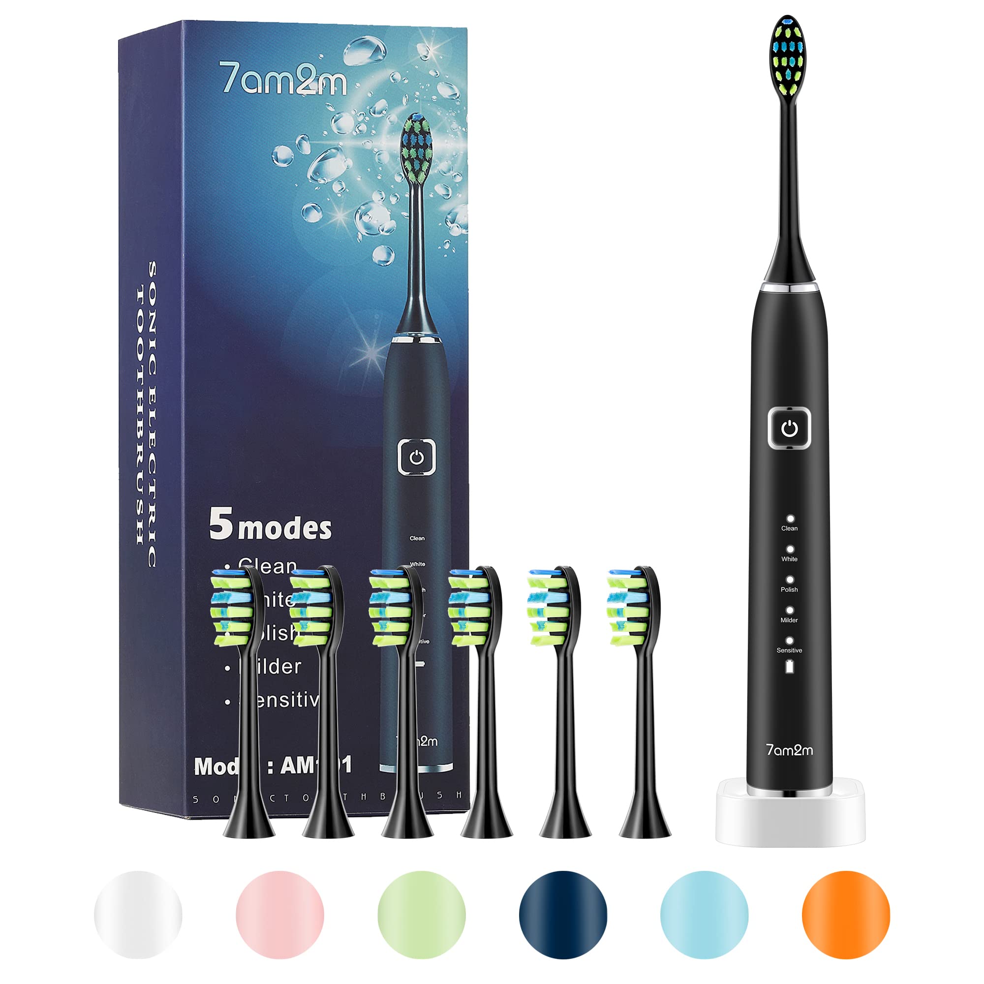 7AM2M Rechargeable Sonic Electric Toothbrush AM101 Package with 10 Brush Heads