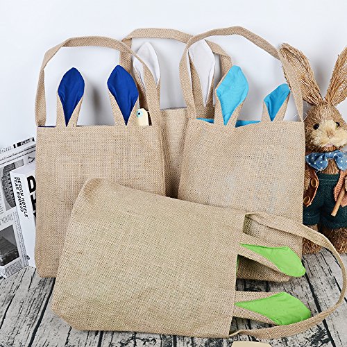 KEFAN 3 Pack Easter Bags, Egg Hunting Bunny Ear Baskets Jute Burlap Reusable Tote Bags for kids DIY Blank Gift Tote Bags