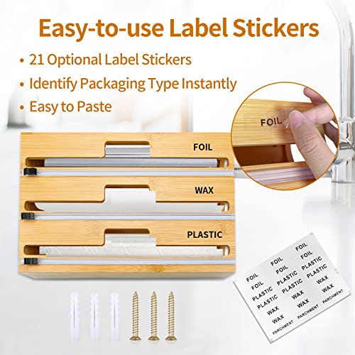 BGFOX 3 in 1 Plastic Wrap Organizer with Cutter and Labels, Natural Bamboo 12" Roll Aluminum Foil and Wax Paper Dispenser for Kitchen Storage Organization Holder