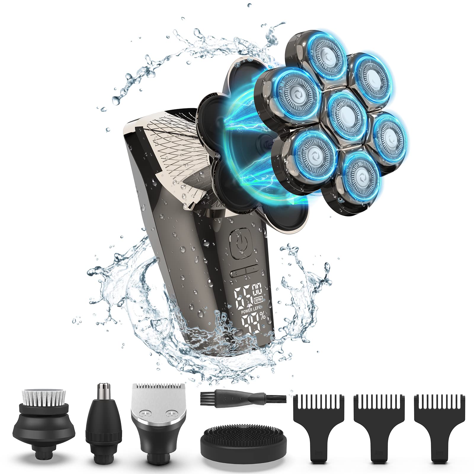 7D Magnetic Head Shaver for Men, TURN RAISE 6 in 1 Waterproof with LCD Display Bald Head Shavers for Men, 3 Modes Wet Dry Electric Razor for Men, USB Rechargeable Electric Shavers for Men Bald Head