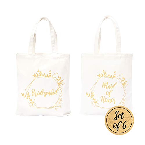 Pop Fizz Designs Bridesmaid Bags | 5 Bridesmaid Tote bags | 1 Maid of Honor Tote Bag (6 pack)