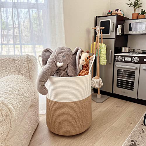 CherryNow Wicker Laundry Basket Tall Woven Hamper, Blanket Storage Basket for Living Room, Entryway, Toy Basket for Nursery, Decorative Clothes Hamper for Bedroom, White & Jute, 51L, 15 x 17.7 inches