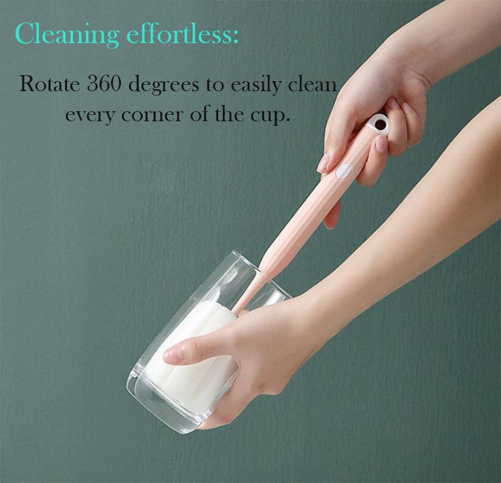 AKOAK 1 Pack Sponge Cleaning Brush, Plastic Handle Baby Bottle Brush, 360 Degree Rotation, Suitable for Goblet, Tea Cup, Household Cleaning Tool (Pink)