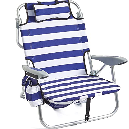 Canpsky Portable Beach Chair for Adults, 4 Position Backpack Folding Camping Chairs for Outdoor, Beach Chairs with Backpack Straps,Blue White…