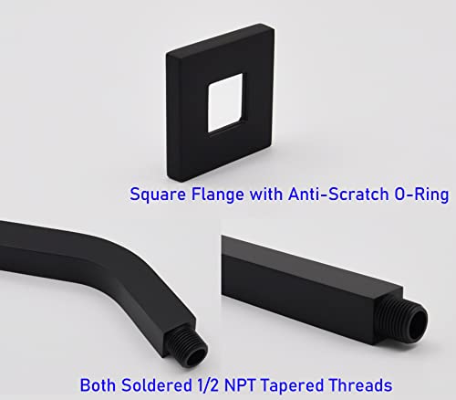 Aquaiaw Square Shower Arm and Anti-Scratch O-Ring Flange, 6 inch, Solid Brass, Both Soldered 1/2 NPT Tapered Threads, Shower Head Arm, Wall Mount Shower Extension Arm (Matte Black)