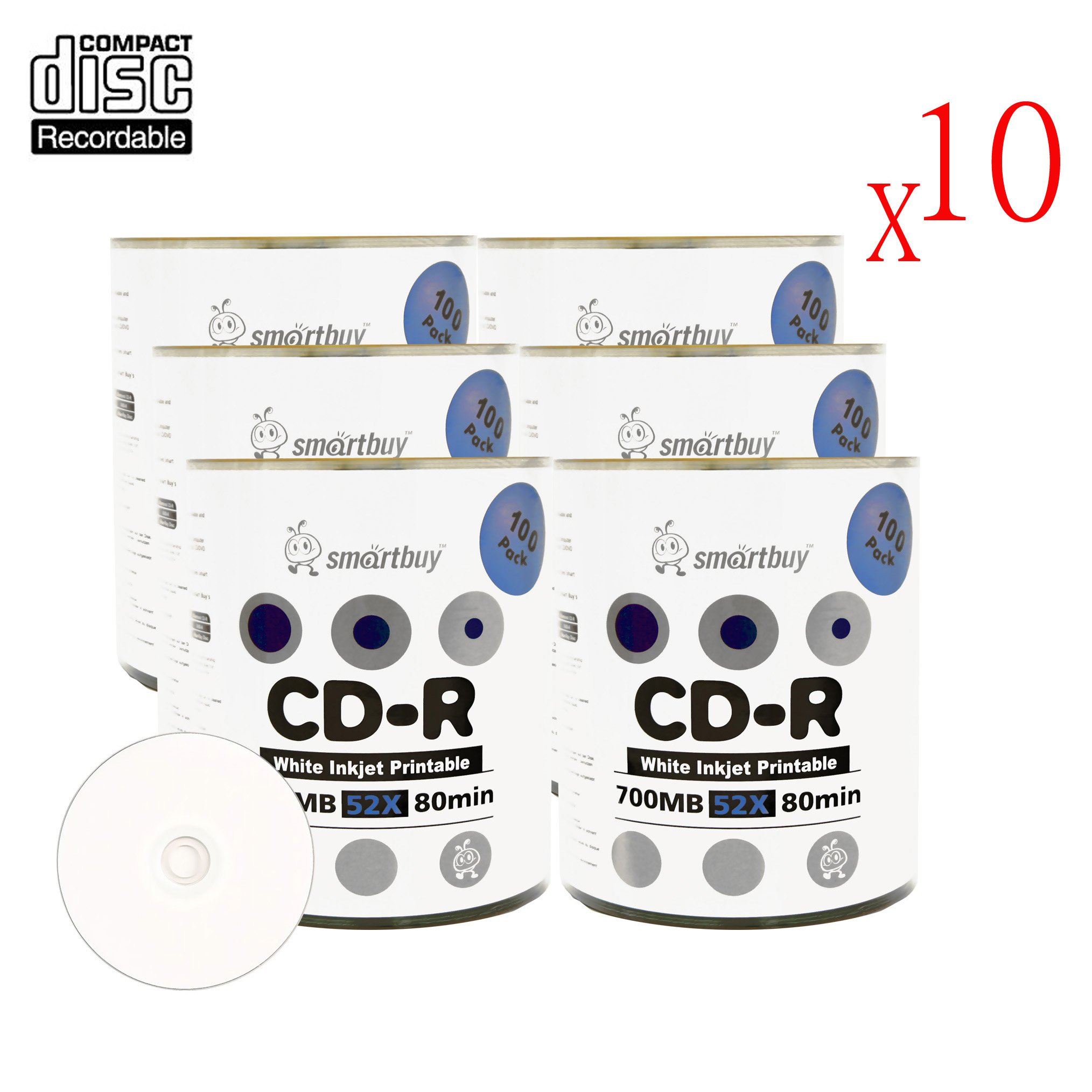 Smart Buy CD-R 6000 Pack 700mb 52x Printable White Inkjet Blank Recordable Discs, 6000 Disc, 6000pk