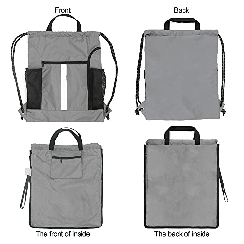 BeeGreen Grey Drawstring Bag Pack Gym Sackpack w Shoe Compartment Two Water Bottle Holder Portable String Sinch Sack for Gymnastic Athletic Beach Travel