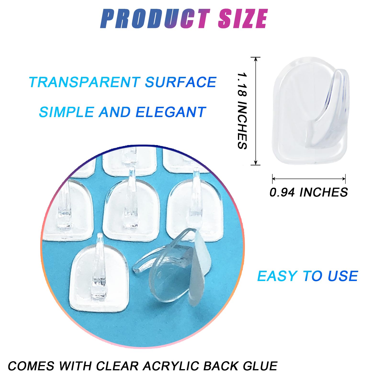 50 PCS Traceless Clear Plastic Adhesive Hooks No Damage Transparent Reusable Seamless Hooks Sticky Hangers with Non Marking Sticker for Kitchen Bathroom Bedroom Office Wall(3*2.4Cm/1.18*0.94Inches)