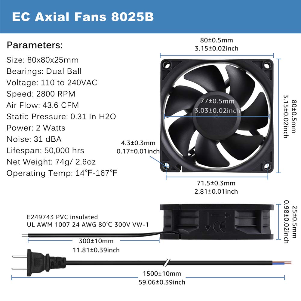 GDSTIME EC Cooling Fan 80mm x 80mm x 25mm AC 110V 115V 120V 220V 240V