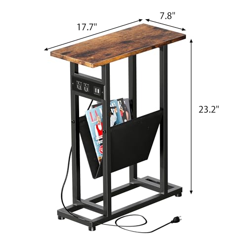 LAKEMID Narrow Side Table Set of 2 with Charging Station, Skinny Side Tables with Storage, Slim End Tables for Small Spaces with USB Ports for Living Room, Bedroom, Rustic Brown