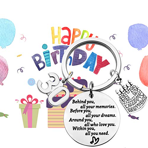 BEKECH Birthday Keychain Gifts for Him/Her,10th 12th 13th 14th 15th 16th 18th 30th 40th 50th Birthday Cake Birthday Key Ring Gift, Behind You All Memories Before You All Your Dream (30th)