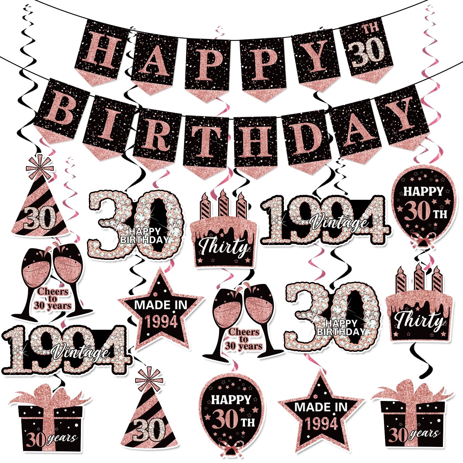 KORHONEN 30th Birthday Decorations for Women, Pink Black 30th Birthday Party Decorations for Her Include Happy 30th Birthday Banner and Hanging Swirls, Happy 30th Birthday Party Decor for Women