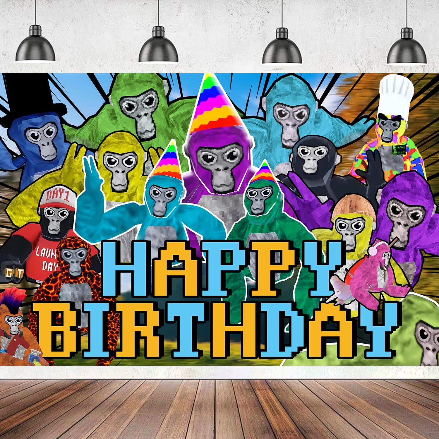 5x3FT Gorilla Game Happy Birthday Banner, Gorilla Game Birthday Decorations for Children Happy Birthday Banner Gorilla Game Party Supplies Photography Background Decorations