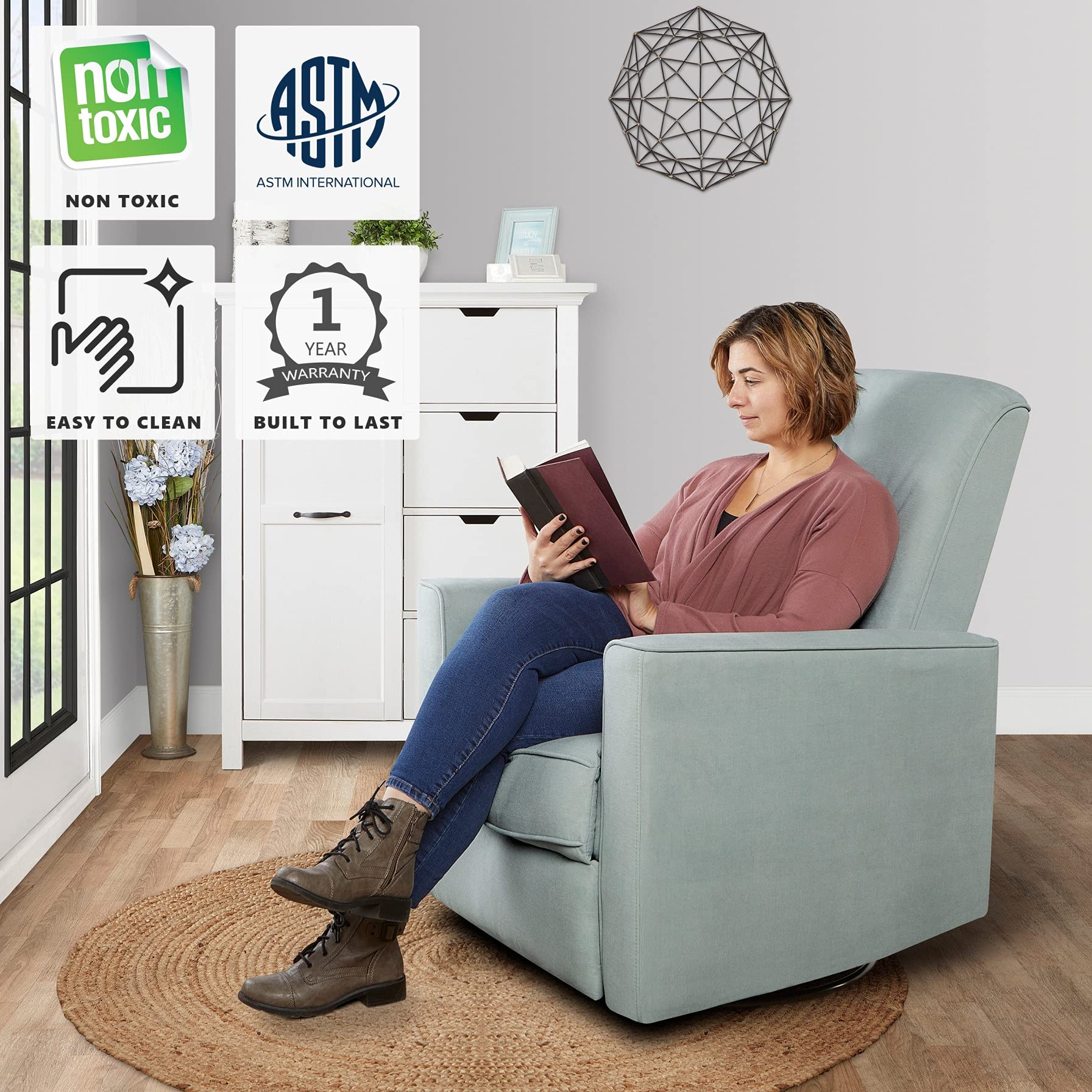 Evolur Raleigh Upholstered Plush Seating Glider Swivel, Rocker, Recliner, Glider for Nursery in Light Blue, Greenguard Gold Certified, Modern Nursery Recliner, Environmentally Conscious Glider