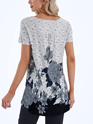 BAISHENGGT Women's V Neck Short Sleeve Buttons Pleated Flared Tunic Tops Grey - Peony XXL