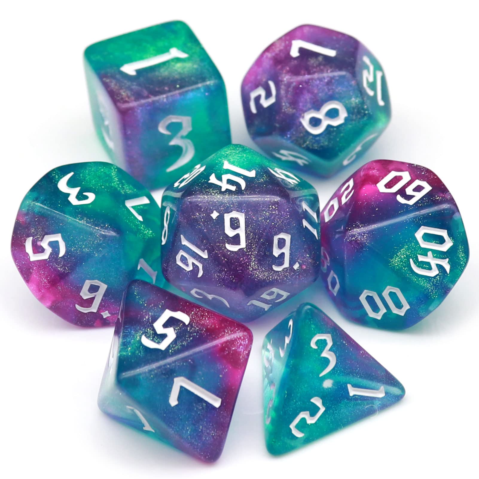 Haxtec 14PCS Glitter DND Dice Set Purple Blue Polyhedral RPG Dice for Dungeons and Dragons Gift