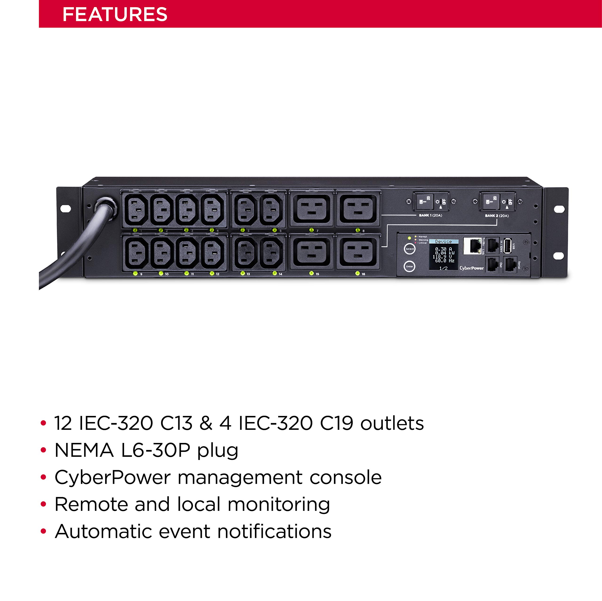 CyberPower PDU41008 Power Distribution Unit Switched 200-240V, 30A (Derated to 24A) 16 Outlets, 2U Rackmount