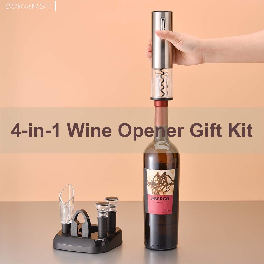 COKUNST Electric Wine Opener Set with Stand, USB Charging Corkscrew Remover, One-click Button Rechargeable Cordless Bottle Openers with Wine Pourer, Vacuum Stoppers, Foil Cutter for Home Party Wedding