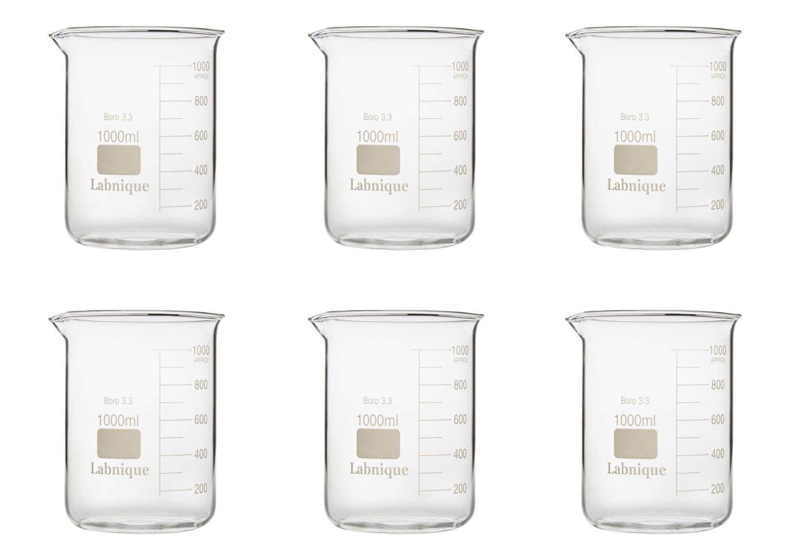 Labnique Borosilicate 3.3 Glass Griffin Beaker, Low Form with Printed Graduation, Double Boxed, 1000ml / 1L (Pack of 6)
