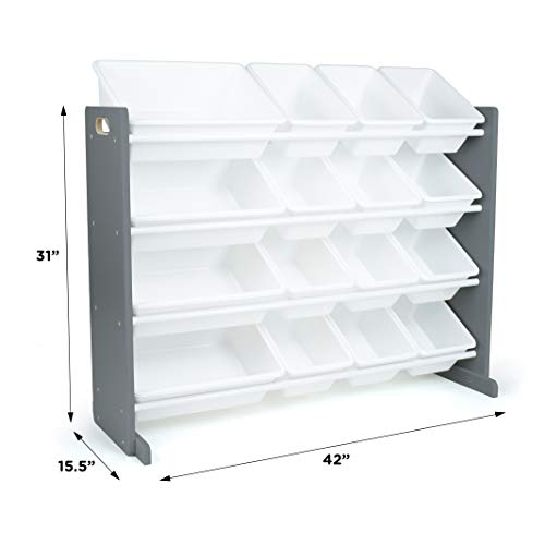 Humble Crew Kids Toy Organizer with 16 Storage Bins, Grey/White