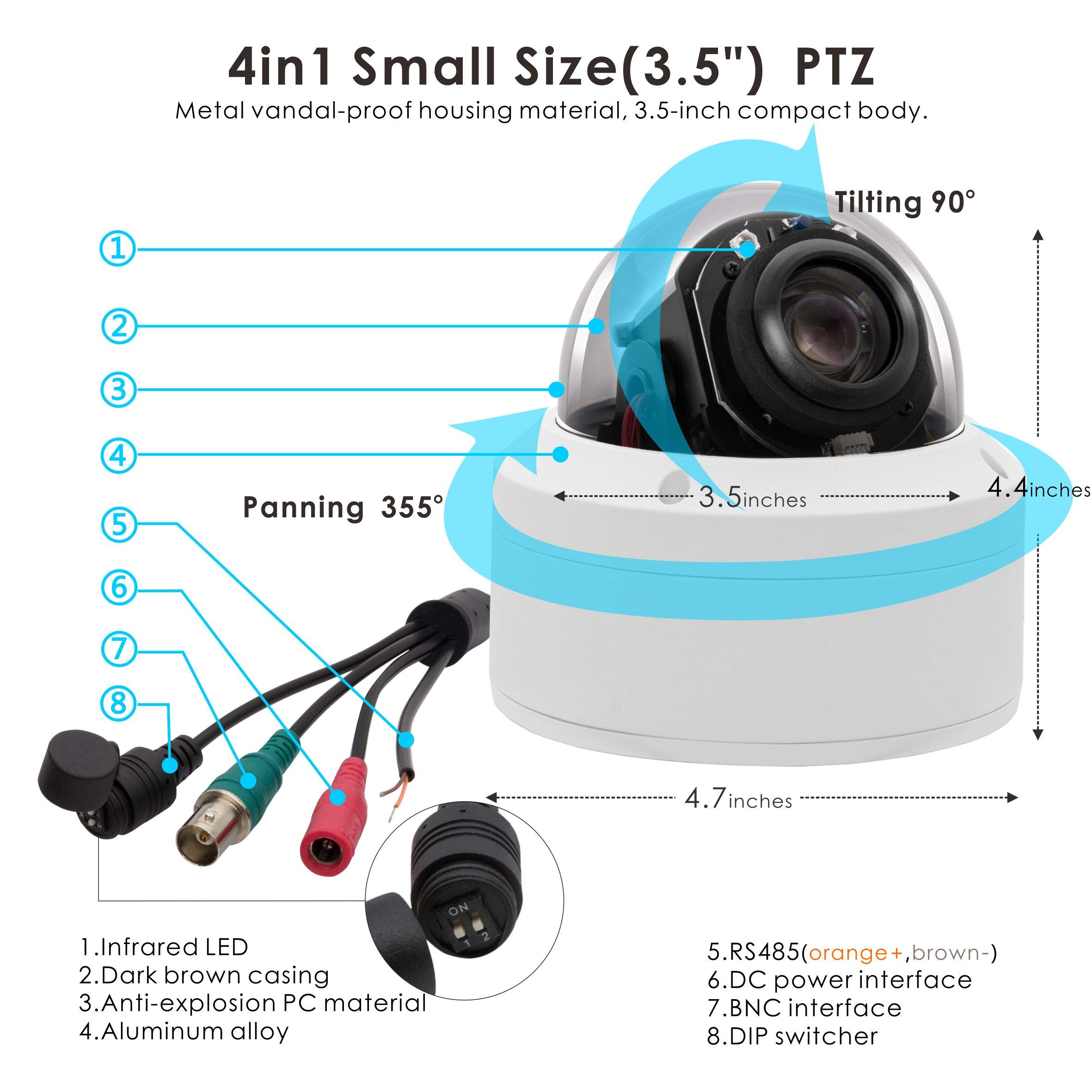 Inwerang CCTV IR PTZ Security Dome Camera, 1080P HD Outdoor, IP66 Waterproof AHD/TVI/CVI/CVBS 4in1, 98ft IR Night Vision, 5X Zoom,2.7-13.5mm AF Lens,RS485&UTC Control, DC 12V