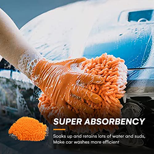 TIIKERI Premium Car Wash Mitt 2PKS 10.2x8.3” Super Car Wash kit Exterior Care Products Microfiber Chenille Wash Mitt Scratch Free (Orange)