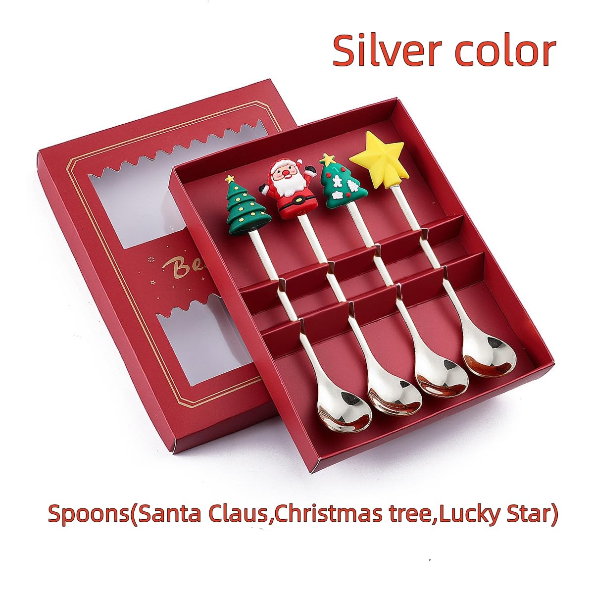 Christmas Coffee Spoons Coffee Stirrers Cake spoon Premium Stainless Steel Ice Tea Spoons, Ice Cream Spoon, Cocktail Stirring Spoons Set of 4(Silver colorr)