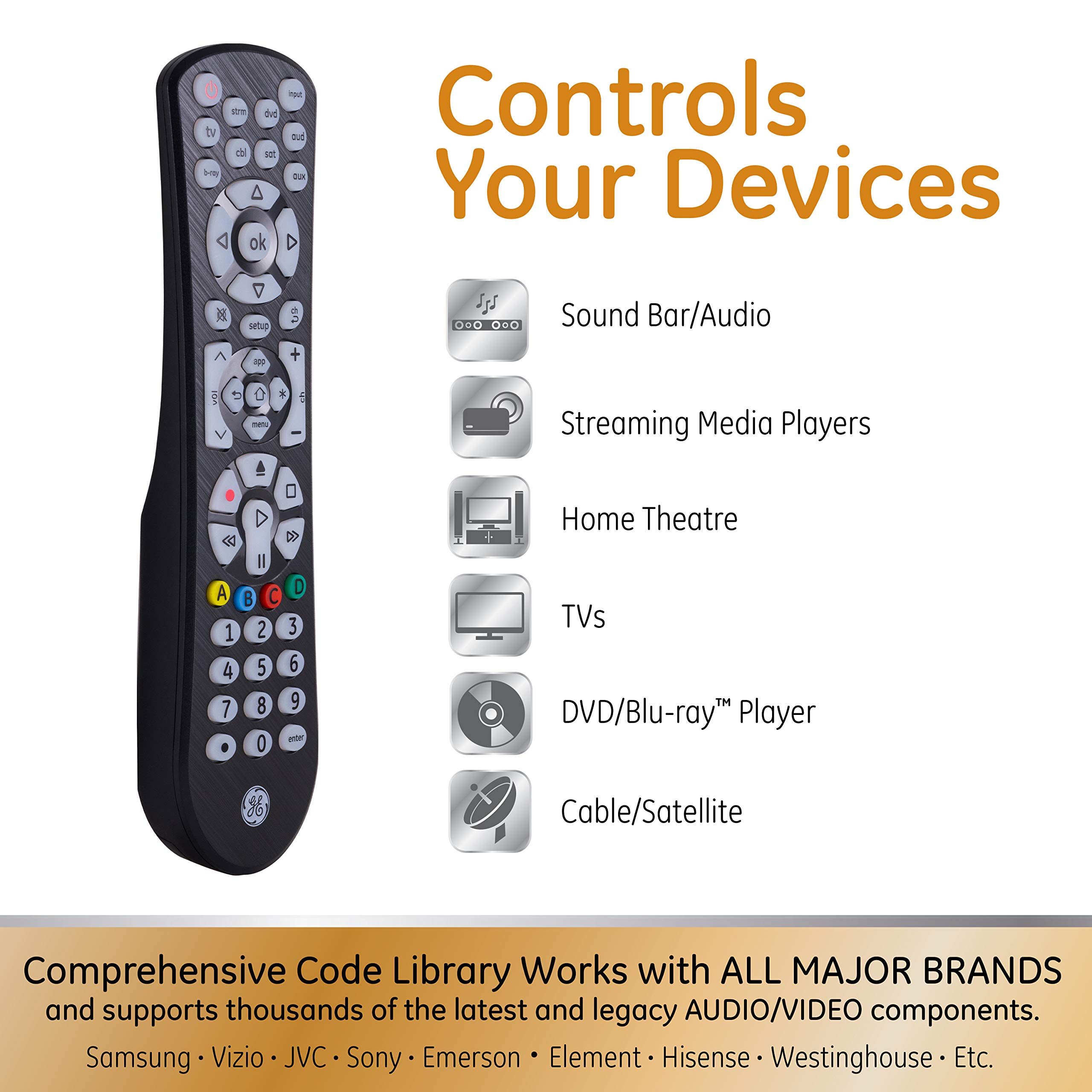 GE UltraPro Backlit Universal Remote Control, Samsung TV Remote, Universal TV Remote for Roku TV, Vizio, LG, Sony, Sharp, Apple TV, Smart TVs, Streaming Players, Blu-ray, DVD, 8-Device, Black, 41567