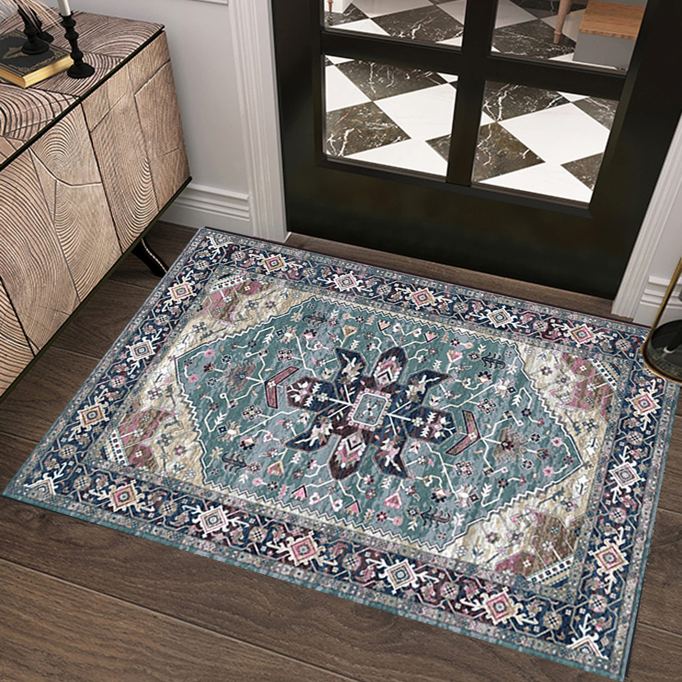 AMZALI Vintage Area Rug - 2x3 Oriental Medallion Distressed Boho Small Entryway Rug Doormat Non-Slip Washable Throw Rug Indoor Floor Carpet for Living Room Bathroom Kitchen Doormat