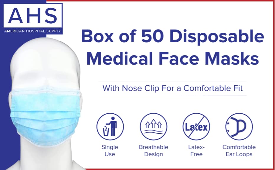 American Hospital Supply (AHS) Earloop Masks Disposable | Adult Face Covering | 3 Ply Disposable Face Mask (Box of 50)
